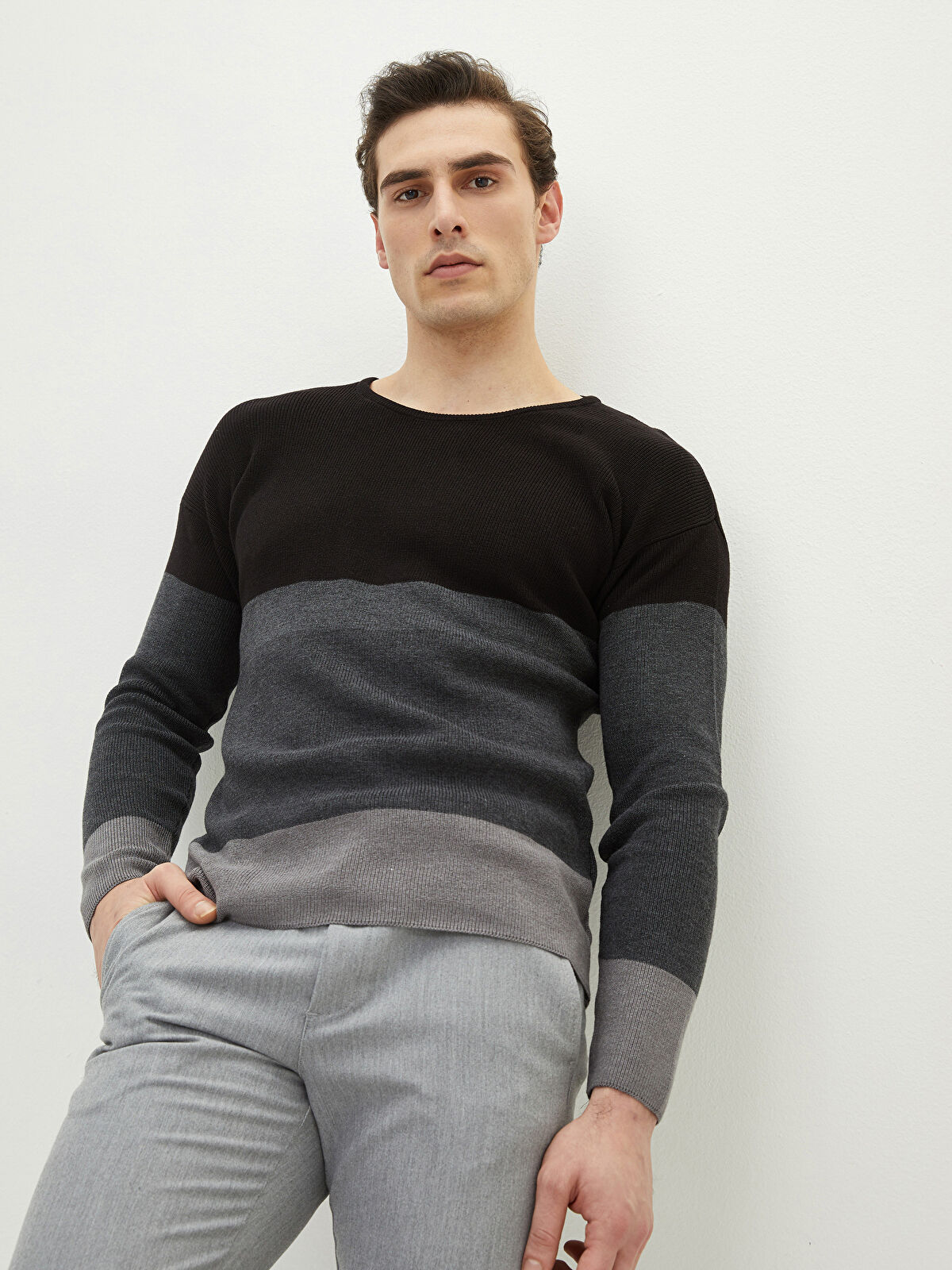 LCW CLASSIC Bisiklet Yaka Uzun Kollu Renk Bloklu Erkek Triko Kazak