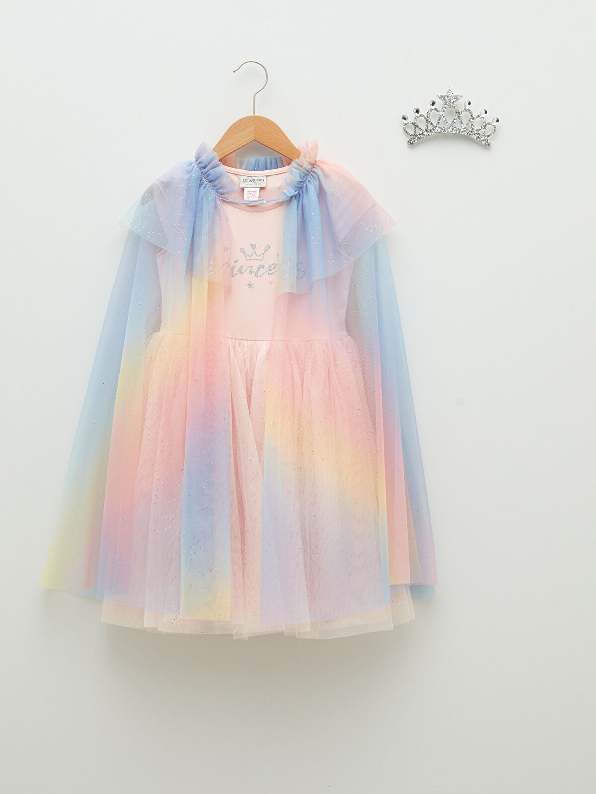 Bisiklet Yaka Baskılı Kısa Kollu Kız Çocuk Elbise Taç ve Pelerin