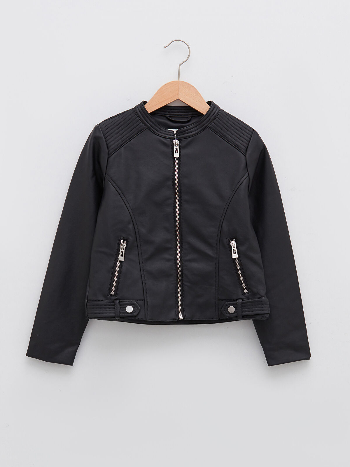 Bisiklet Yaka Uzun Kollu Kız Çocuk Deri Görünümlü Mont