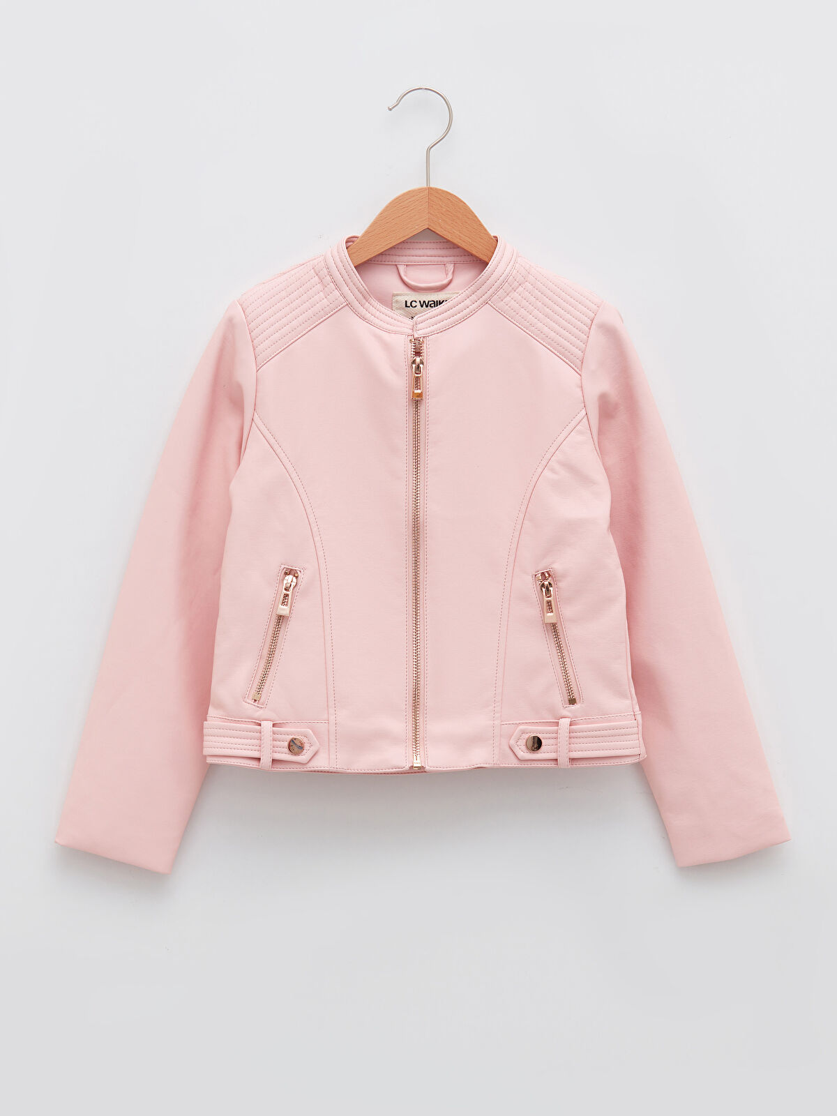 Bisiklet Yaka Uzun Kollu Kız Çocuk Deri Görünümlü Mont