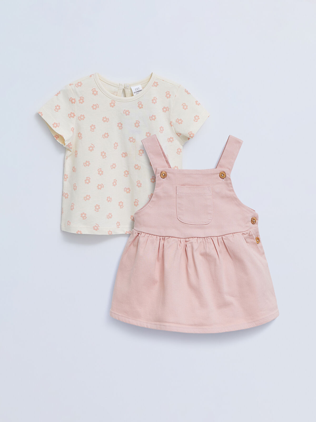 Bisiklet Yaka Kısa Kollu Baskılı Pamuklu Kız Bebek Tişört ve Salopet Elbise 2'li Takım
