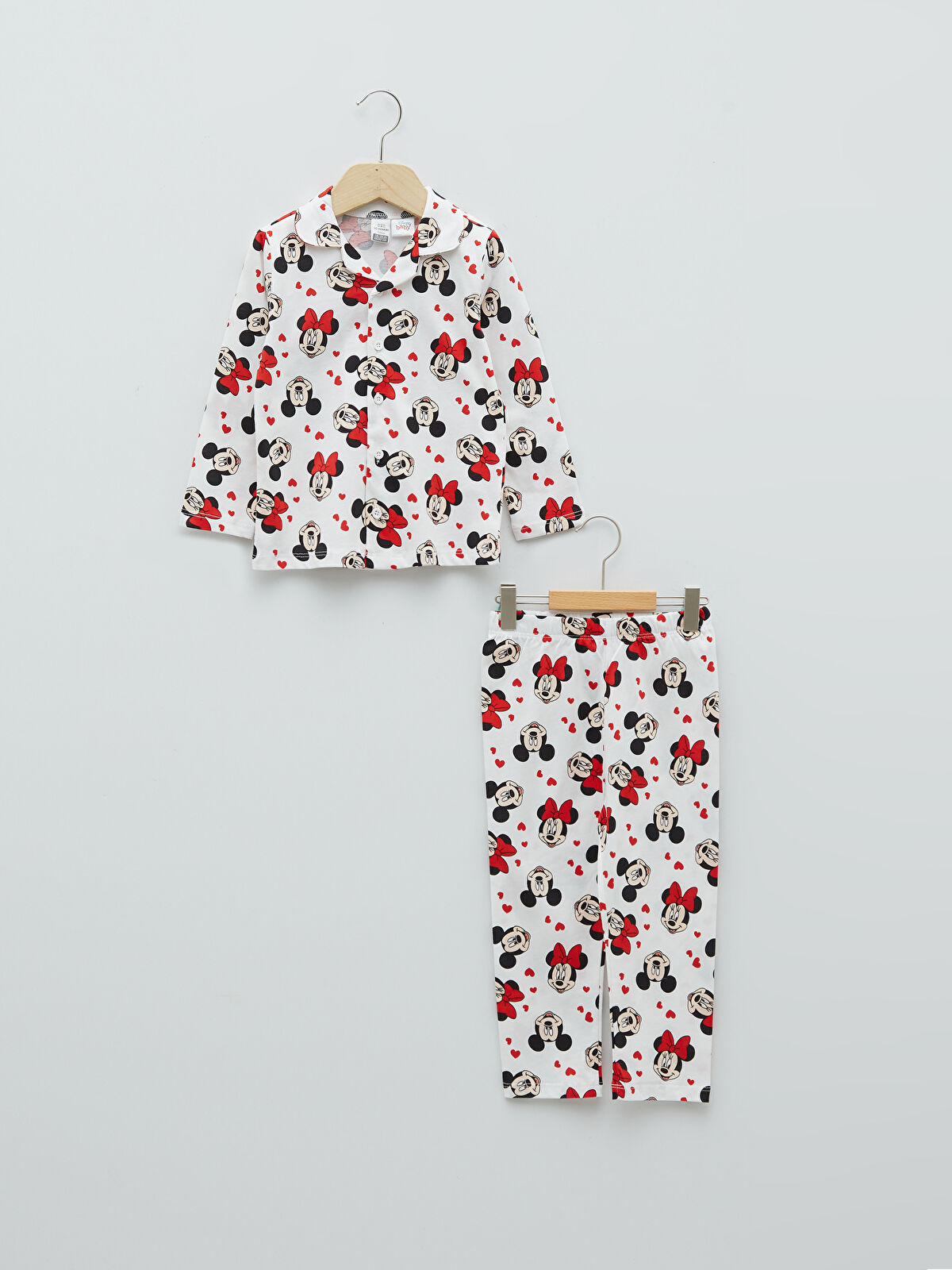 Polo Yaka Minnie ve Mickey Mouse Baskılı Pamuklu Kız Bebek Pijama Takımı 2'li