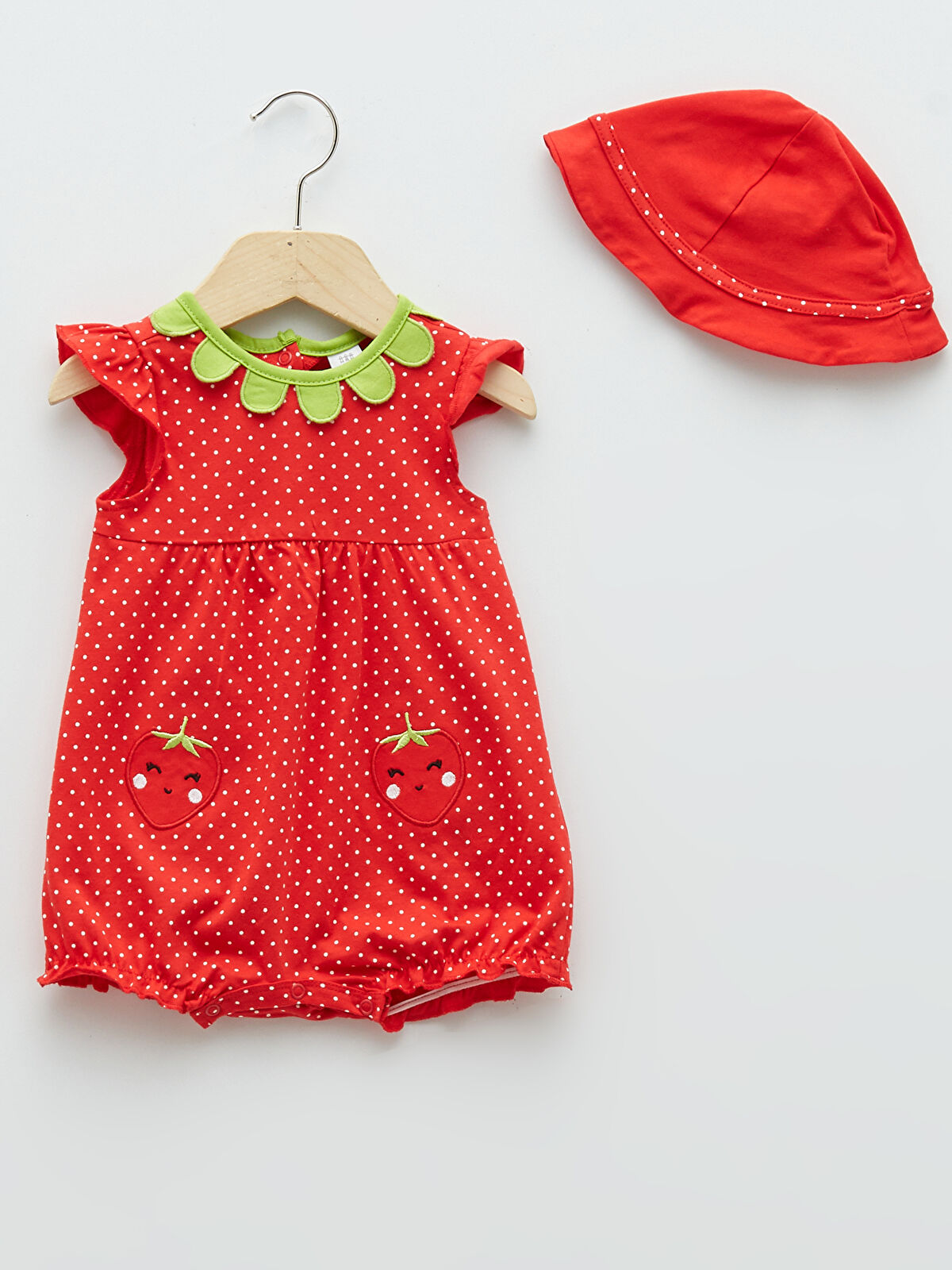 Bisiklet Yaka Kısa Kollu Baskılı Kız Bebek Tulum ve Şapka 2'li Takım