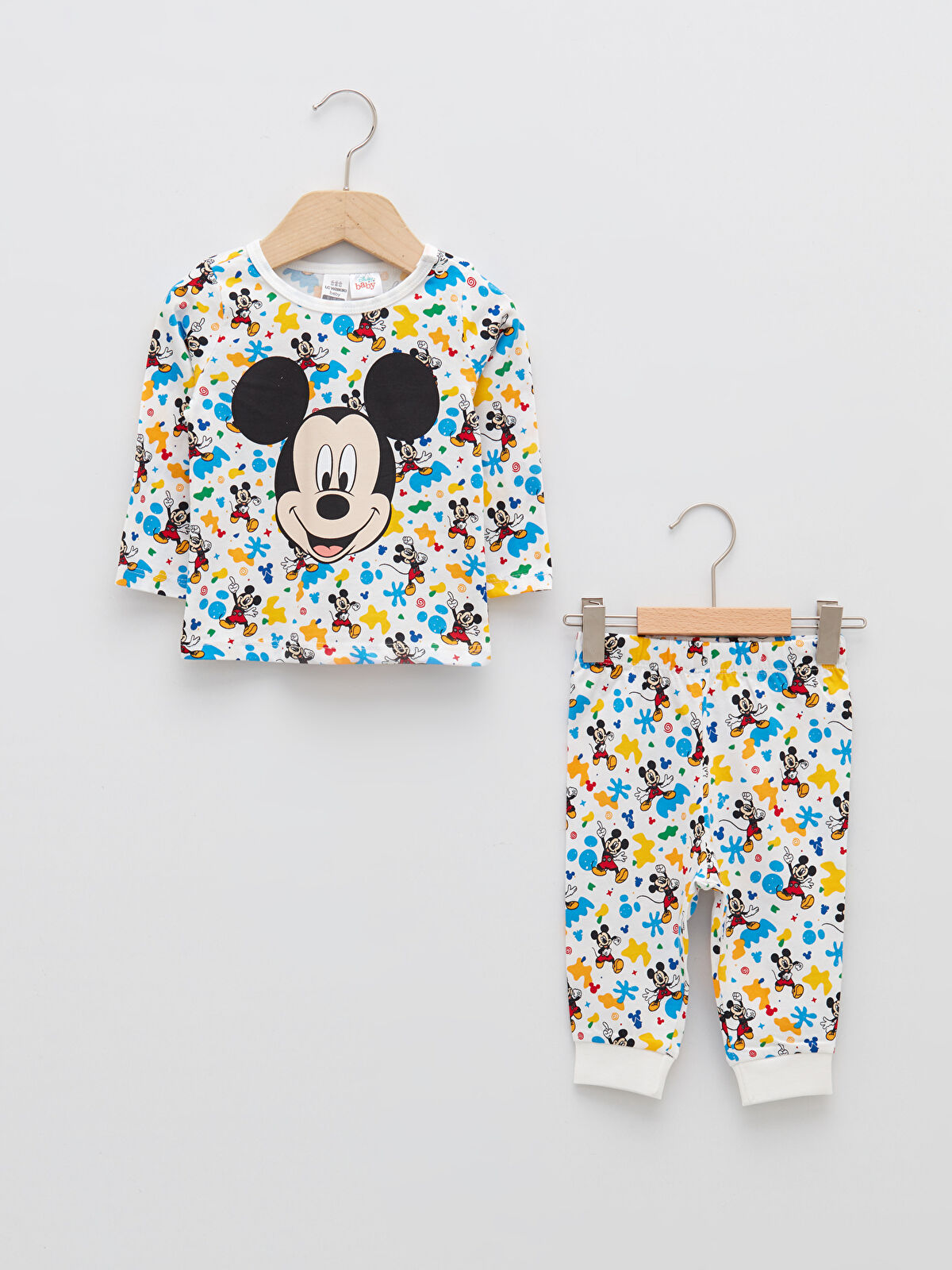Bisiklet Yaka Uzun Kollu Mickey Mouse Baskılı Erkek Bebek Pijama Takımı 2'li