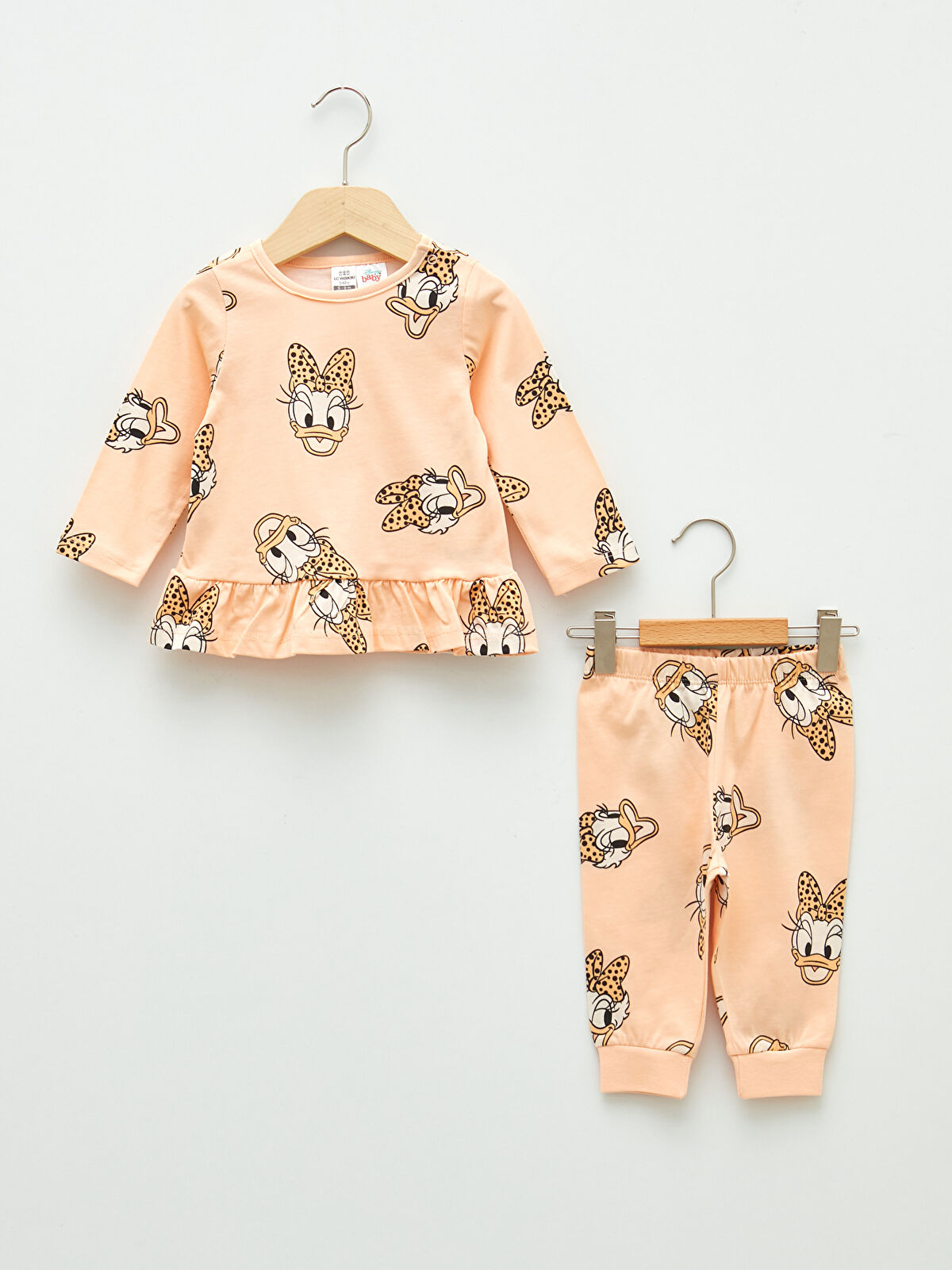 Bisiklet Yaka Uzun Kollu Daisy Duck Baskılı Pamuklu Kız Bebek Pijama Takımı 2'li