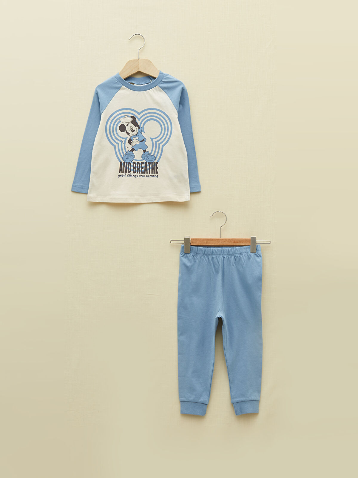 LCW GREEN Bisiklet Yaka Uzun Kollu Mickey Mouse Baskılı Organik Pamuklu Erkek Bebek Pijama Takımı 2'li