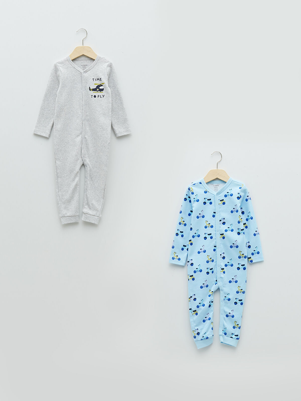 V Yaka Uzun Kollu Pamuklu Baskılı Erkek Bebek Tulum 2'li