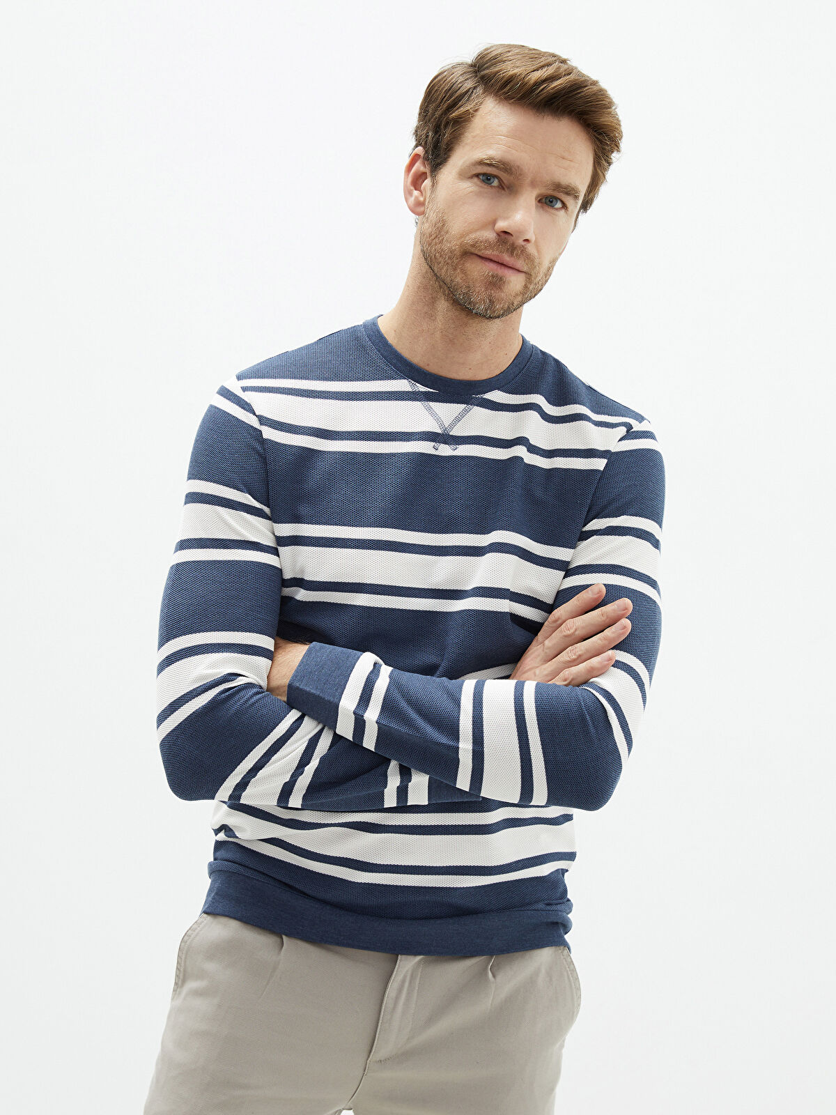 LCW CLASSIC Bisiklet Yaka Uzun Kollu Çizgili Erkek Sweatshirt