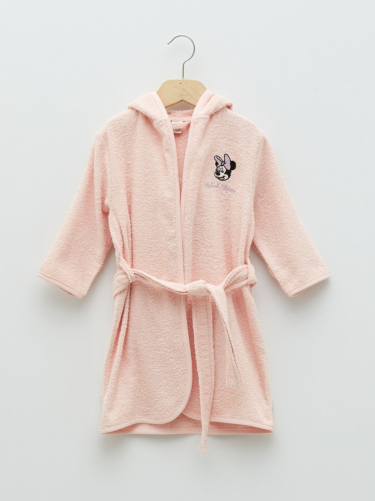 Kapüşonlu Uzun Kollu Minnie Mouse Nakışlı Kız Bebek Bornoz
