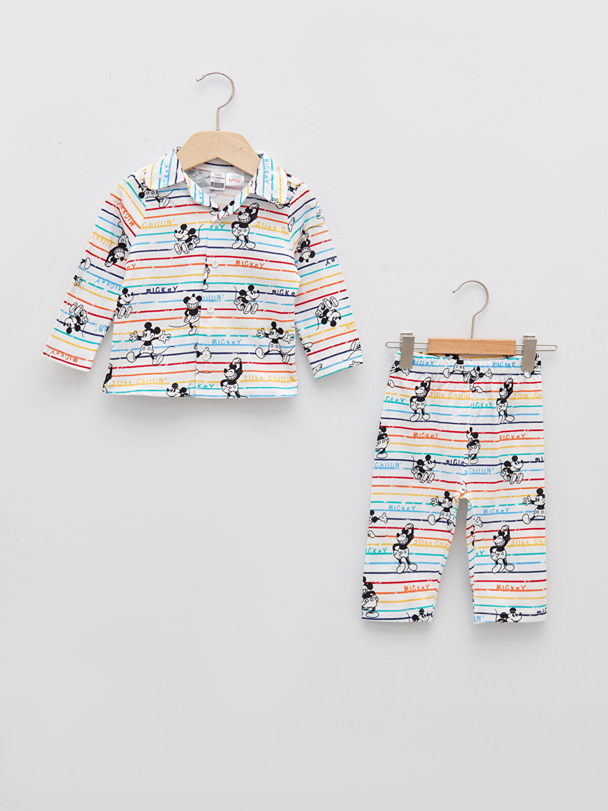Polo Yaka Uzun Kollu Mickey Mouse Baskılı Erkek Bebek Pijama Takımı 2'li