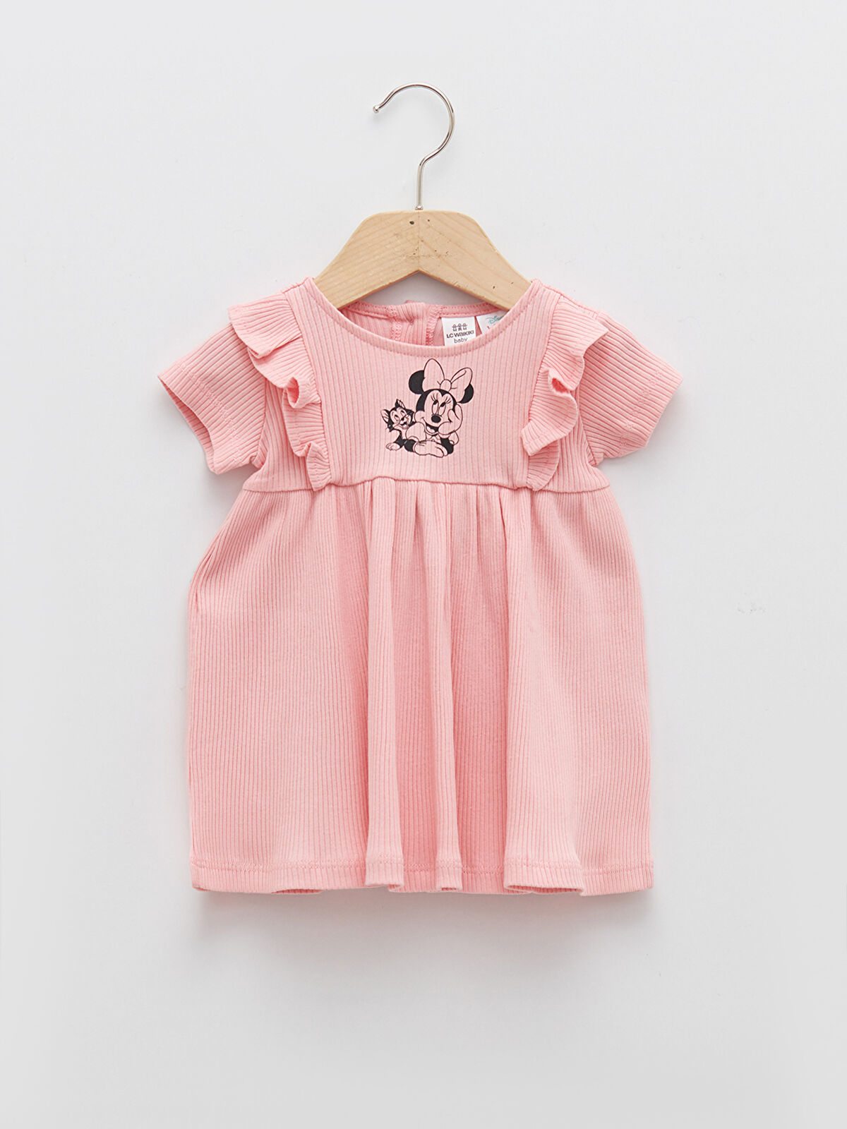 Bisiklet Yaka Kısa Kollu Minnie Mouse Baskılı Pamuklu Kız Bebek Elbise