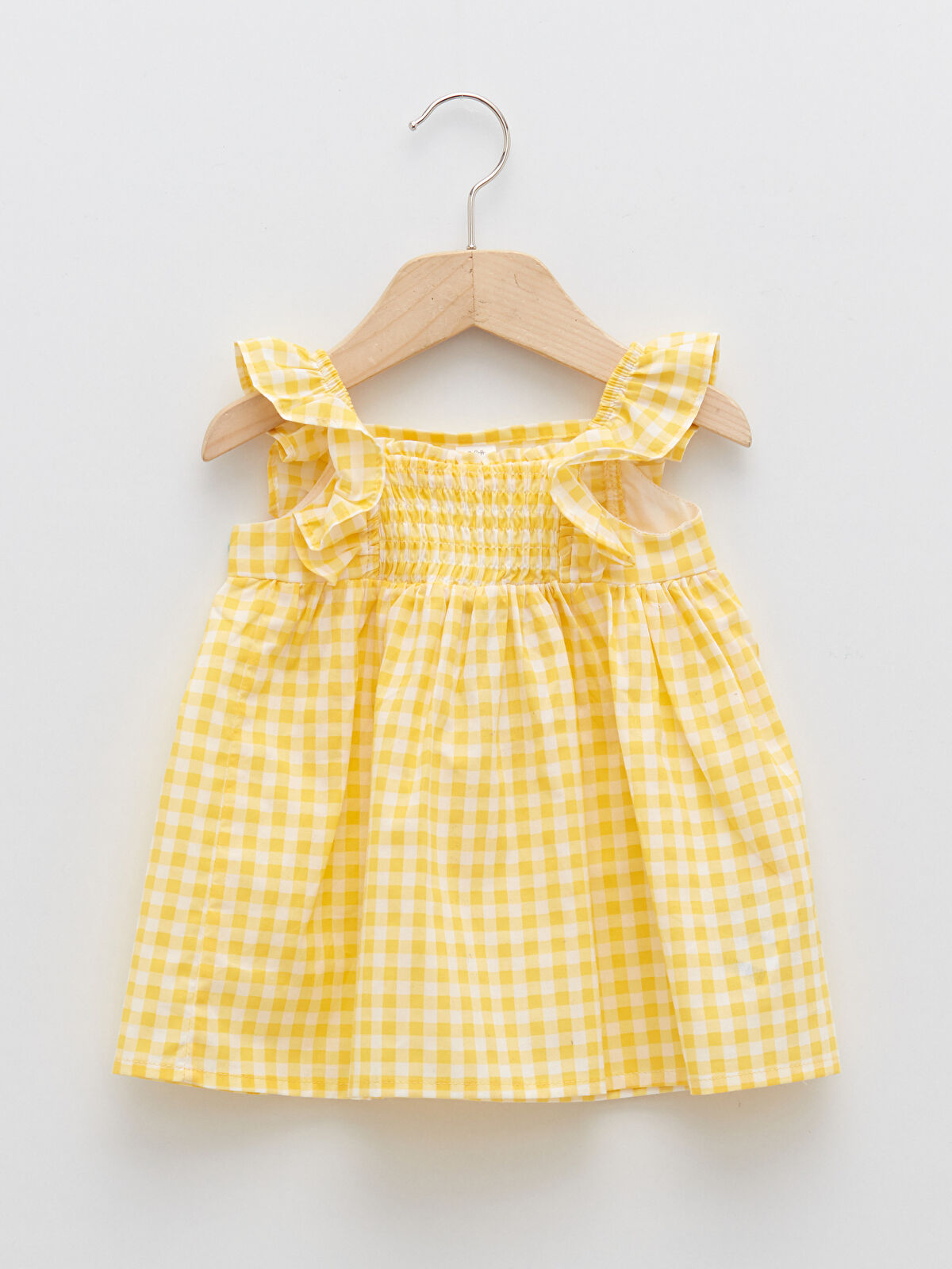 Kare Yaka Askılı Ekose Desenli Kız Bebek Elbise