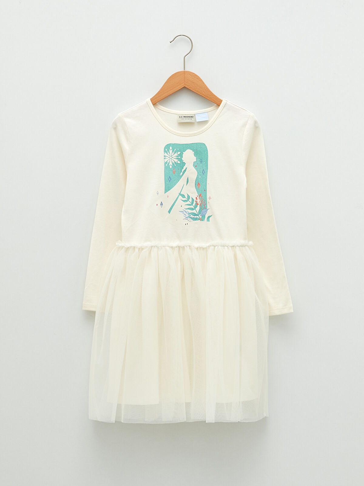 Bisiklet Yaka Elsa Baskılı Uzun Kollu Kız Çocuk Elbise