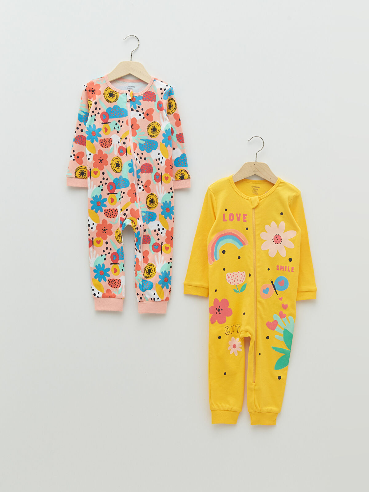 Bisiklet Yaka Uzun Kollu Baskılı Pamuklu Kız Bebek Fermuarlı Tulum 2'li