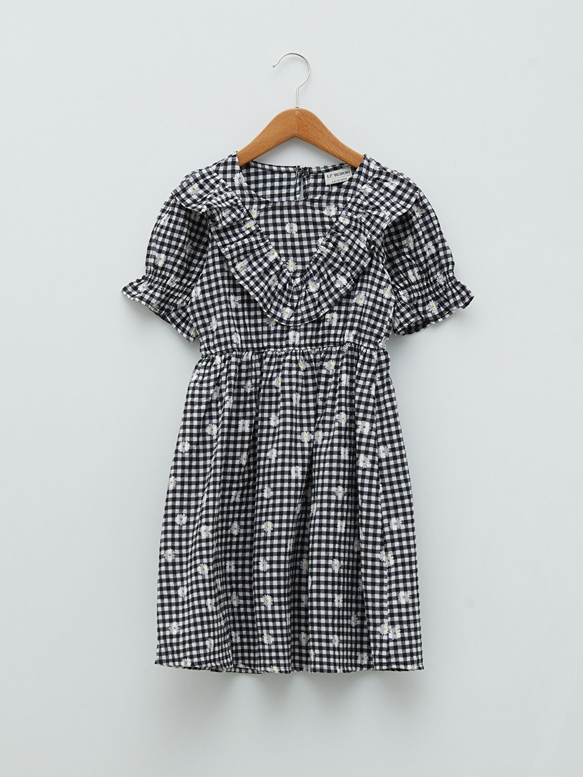 Bisiklet Yaka Ekose Fırfır Detaylı Kısa Kollu Kız Çocuk Elbise