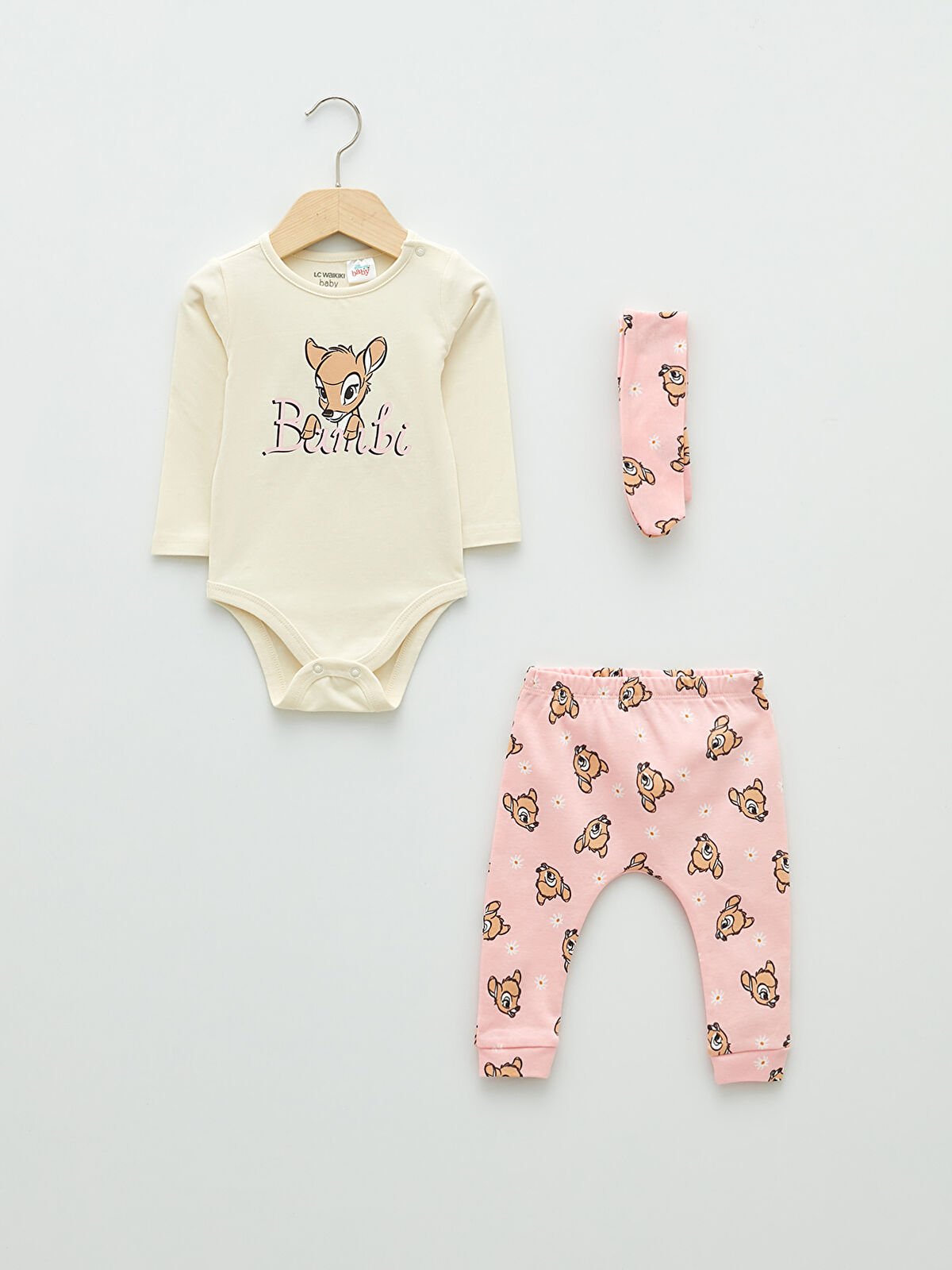 Bisiklet Yaka Uzun Kollu Bambi Baskılı Pamuklu Kız Bebek 3'lü Takım