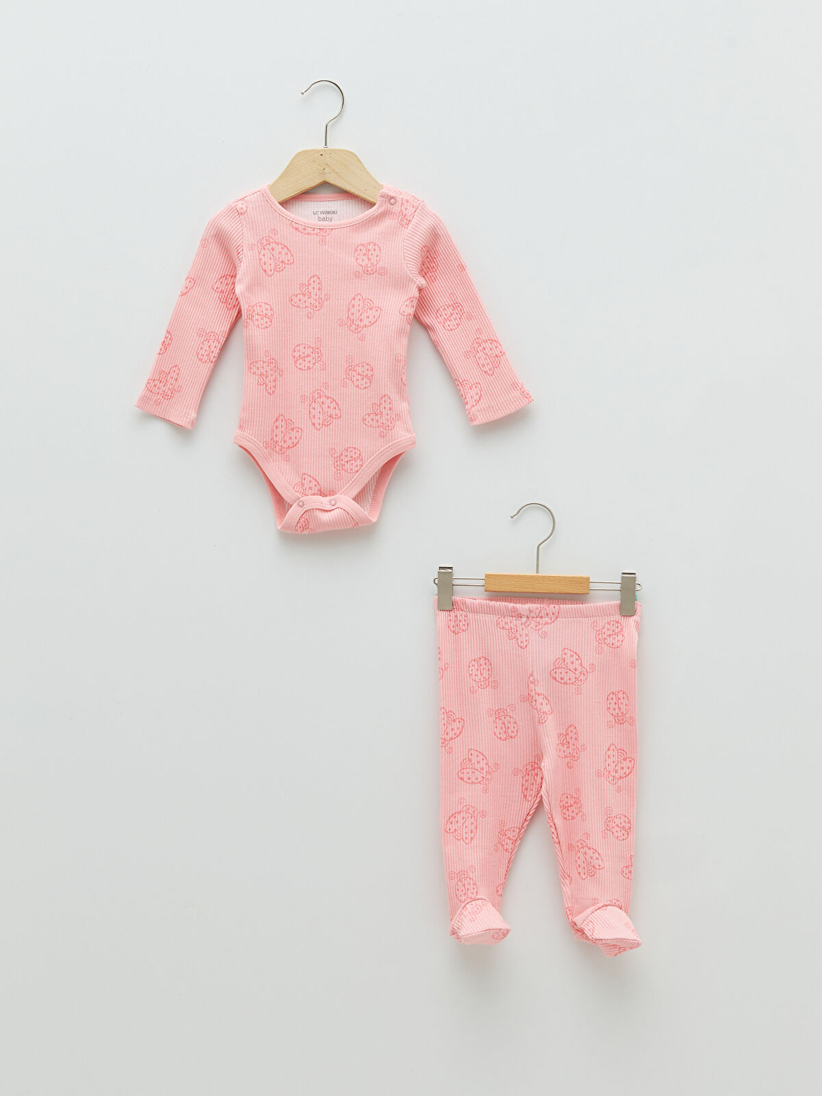 Bisiklet Yaka Uzun Kollu Baskılı Kız Bebek Çıtçıtlı Body ve Pantolon 2'li Takım