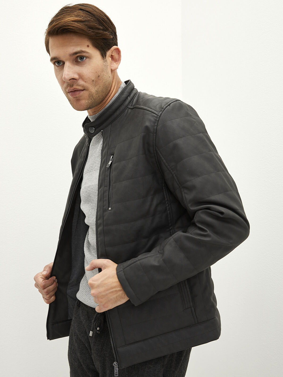 LCW VISION Slim Fit Biker Yaka Erkek Deri Görünümlü Mont