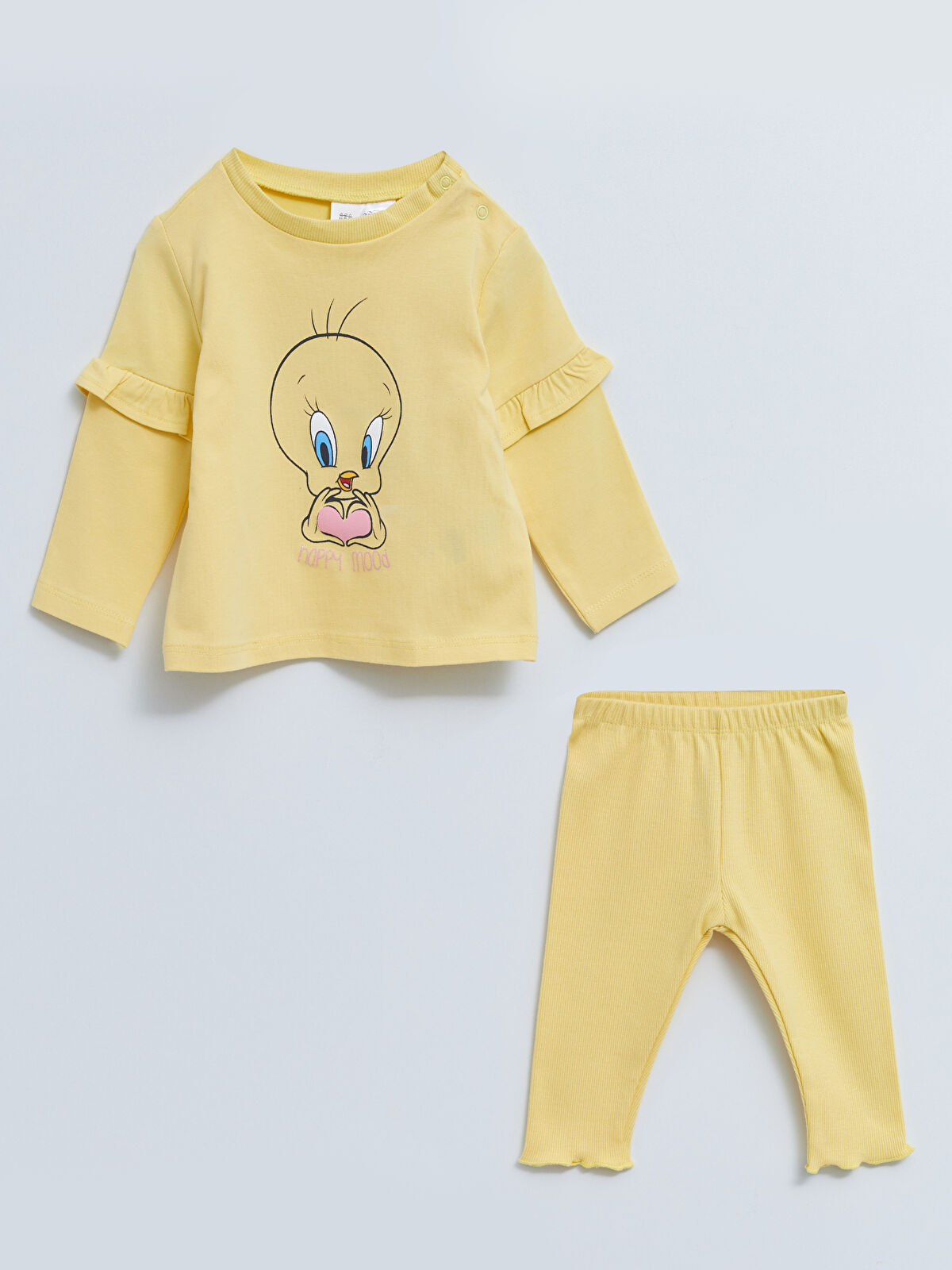 Bisiklet Yaka Uzun Kollu Tweety Baskılı Kız Bebek Bluz ve Tayt 2'li Takım