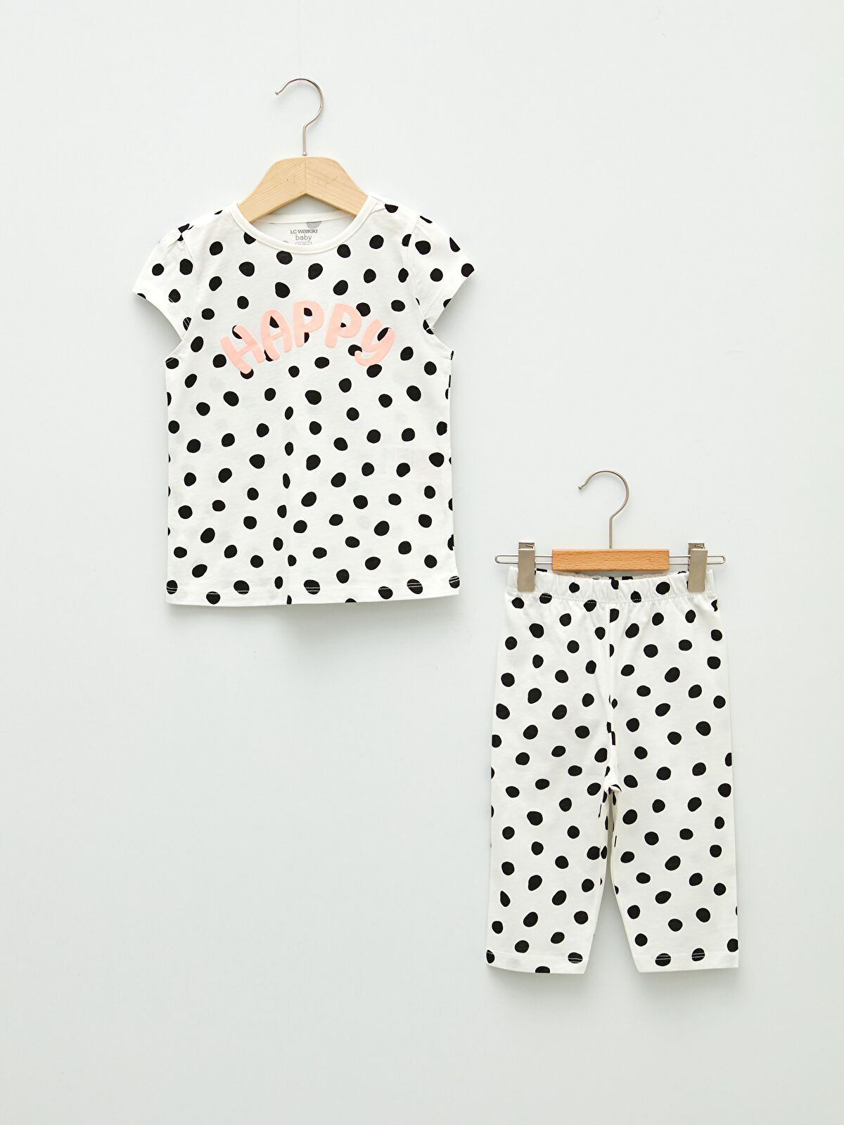 Bisiklet Yaka Kısa Kollu Puantiye Desenli Pamuklu Kız Bebek Pijama Takımı 2'li