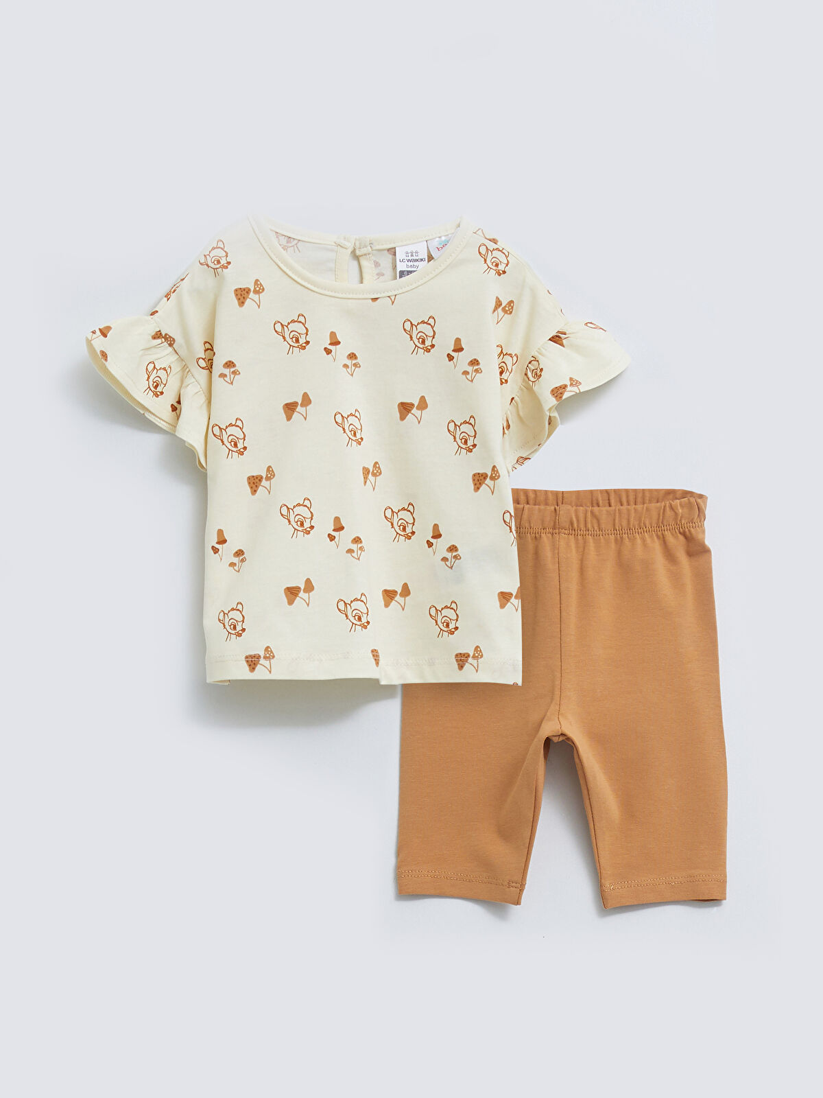 Bisiklet Yaka Kısa Kollu Bambi Baskılı Pamuklu Kız Bebek Tişört ve Tayt 2'li Takım