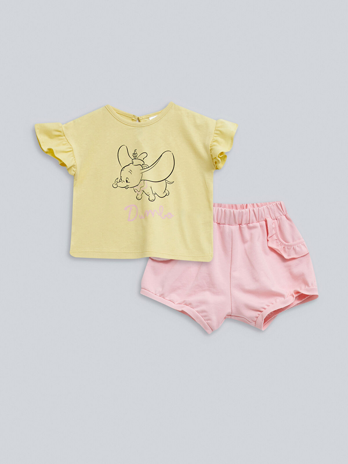 Bisiklet Yaka Kısa Kollu Dumbo Baskılı Pamuklu Kız Bebek Tişört ve Şort 2'li Takım