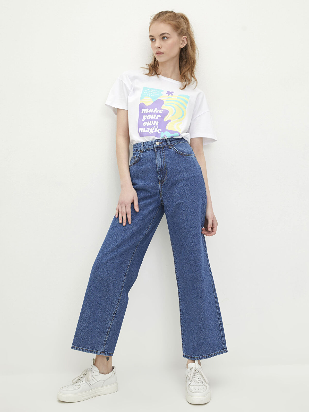 Yüksek Bel Standart Fit Düz Cep Detaylı Geniş Paça Kadın Rodeo Jean Pantolon