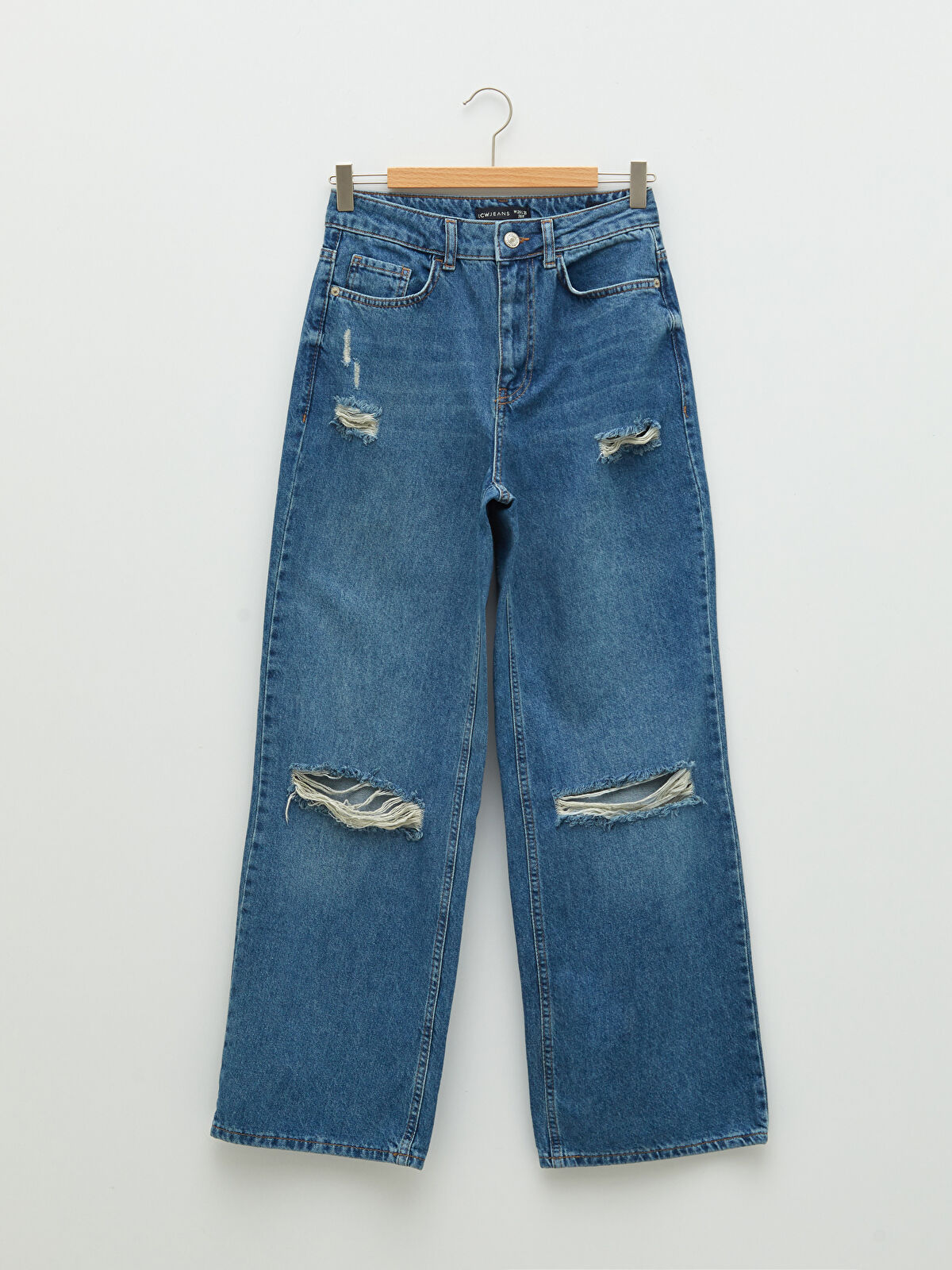 Yüksek Bel Standart Fit Düz Cep Detaylı Geniş Paça Kadın Rodeo Jean Pantolon