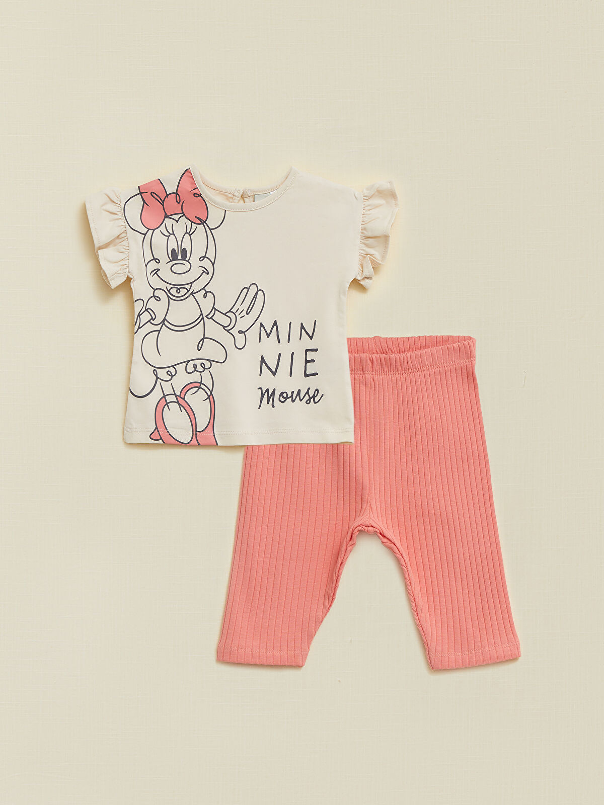 LCW GREEN Bisiklet Yaka Kısa Kollu Minnie Mouse Baskılı Organik Pamuklu Kız Bebek Tişört ve Tayt 2'li Takım