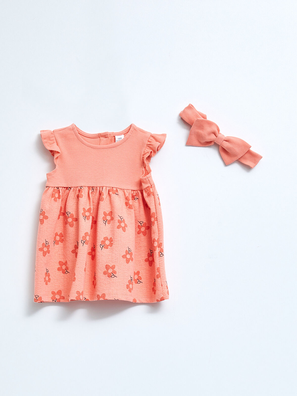Bisiklet Yaka Baskılı Kız Bebek Elbise ve Saç Bandı 2'li Takım