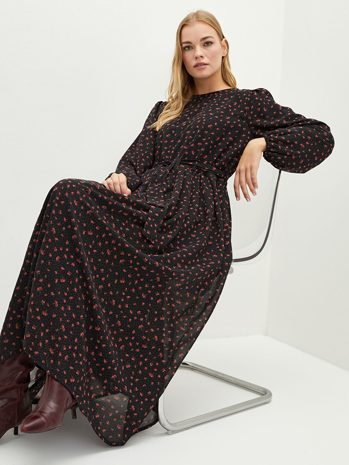 LCW CLASSIC Bisiklet Yaka Desenli Uzun Kollu A Kesim Şifon Kadın Elbise