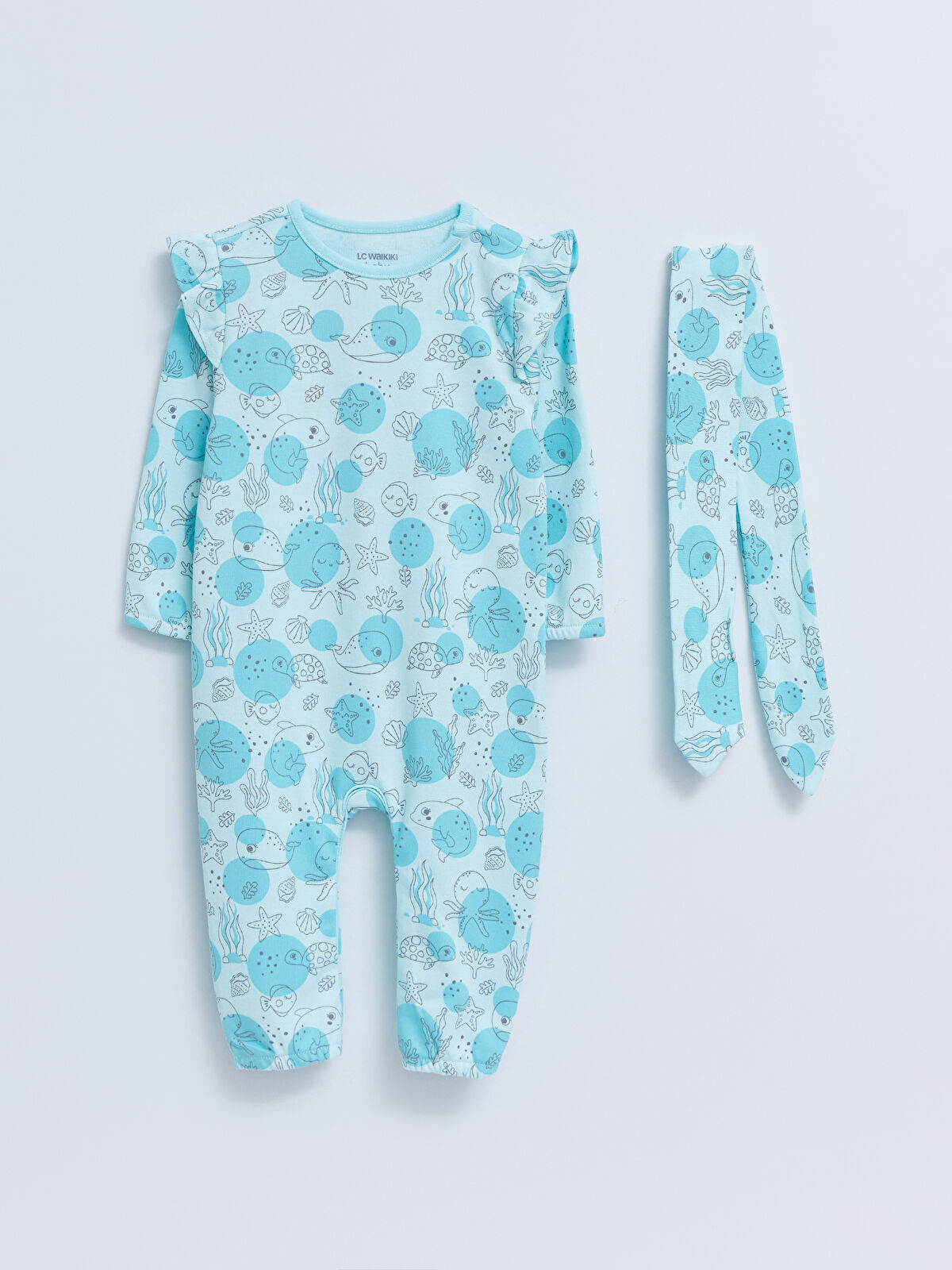 Bisiklet Yaka Uzun Kollu Baskılı Pamuklu Kız Bebek Tulum ve Saç Bandı 2'li Takım