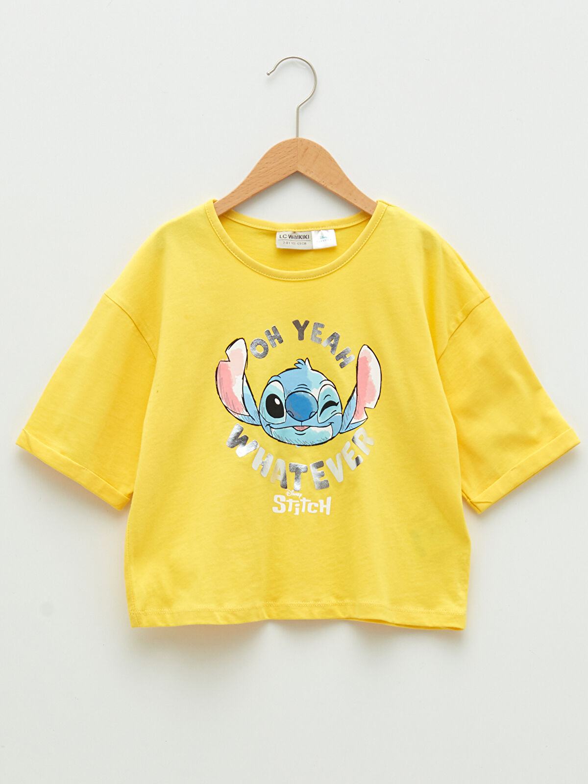 Bisiklet Yaka Lilo ve Stitch Baskılı Kısa Kollu Pamuklu Kız Çocuk Tişört