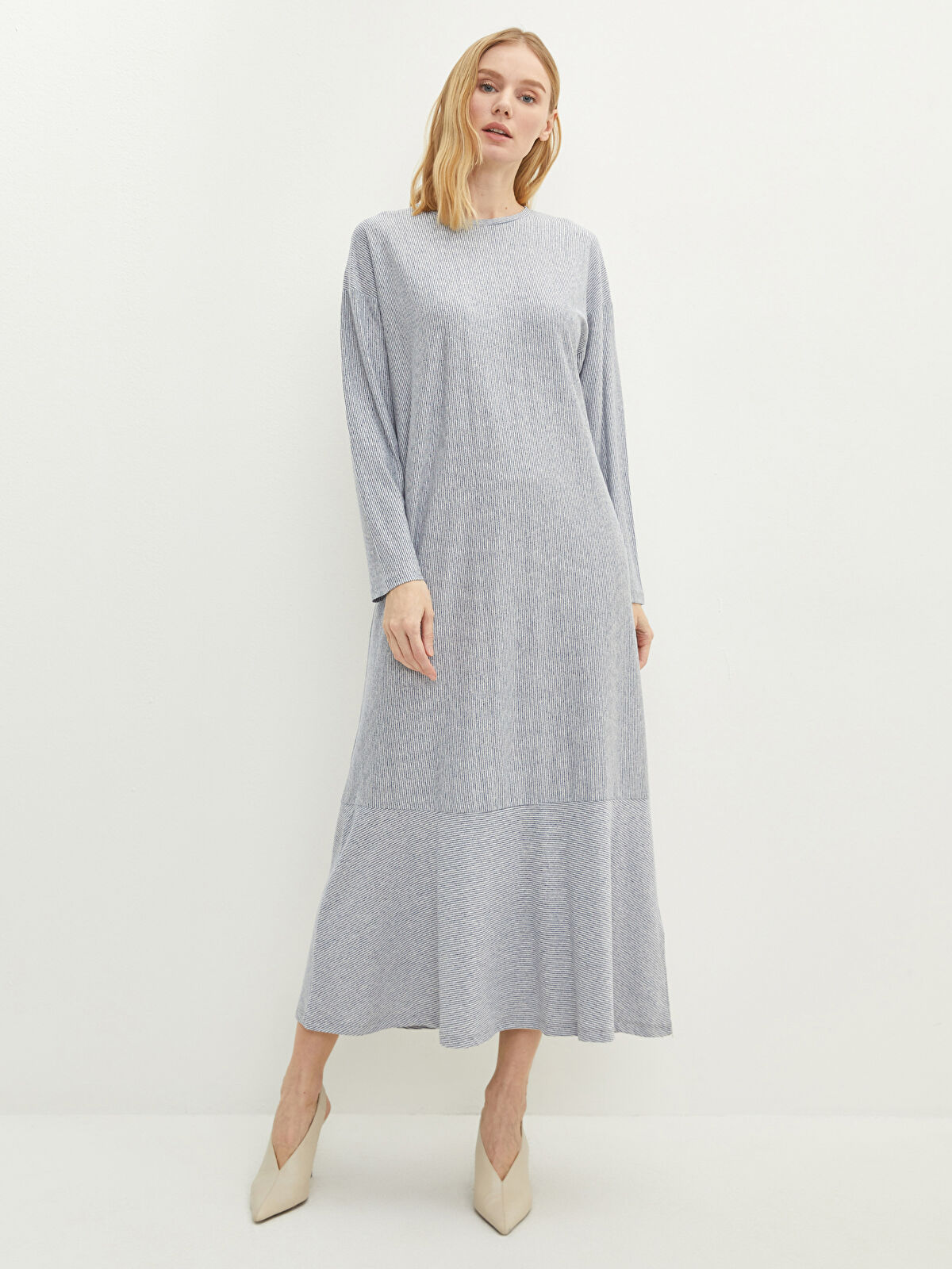 LCW CLASSIC Bisiklet Yaka Çizgili Uzun Kollu A Kesim Kadın Elbise