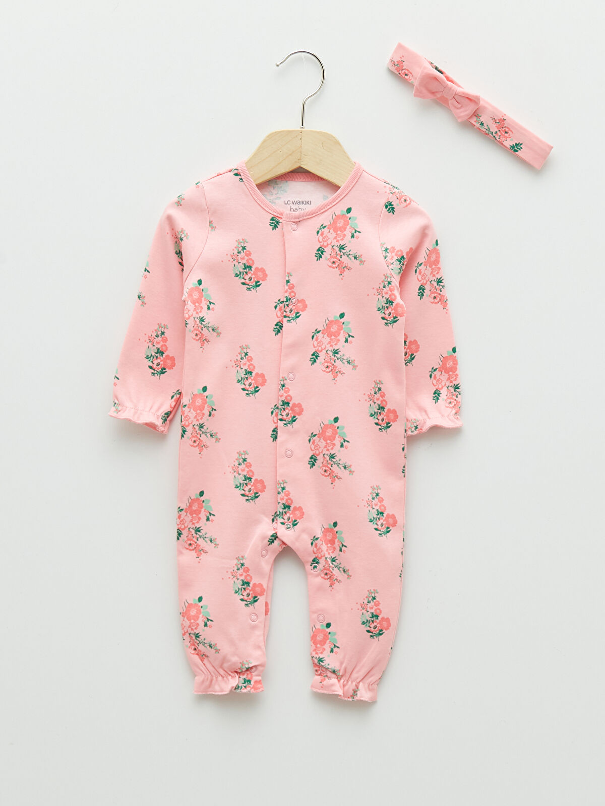 Bisiklet Yaka Uzun Kollu Baskılı Pamuklu Kız Bebek Tulum ve Saç Bandı 2'li Takım