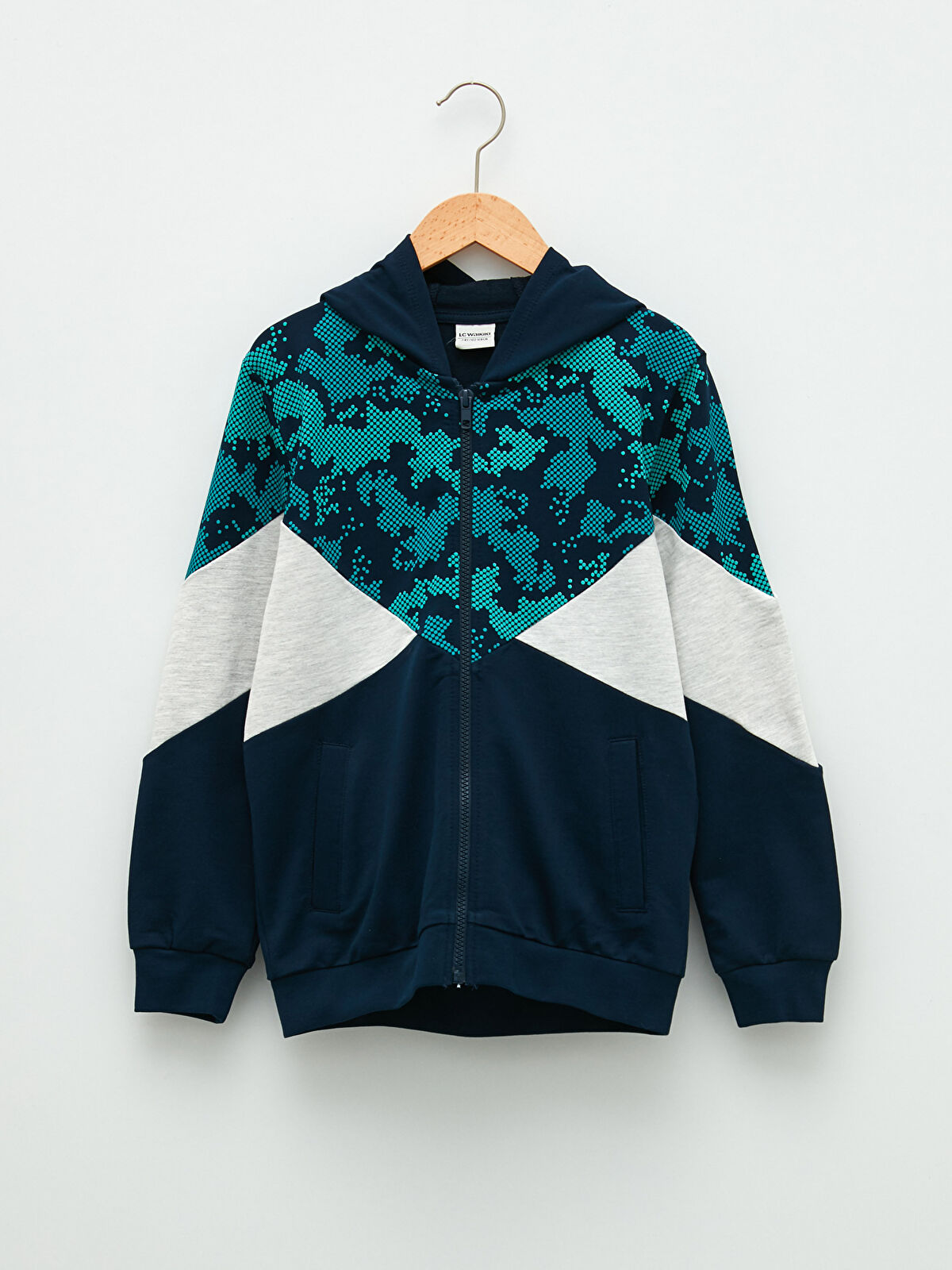 Kapüşonlu Renk Bloklu Uzun Kollu Erkek Çocuk Fermuarlı Sweatshirt