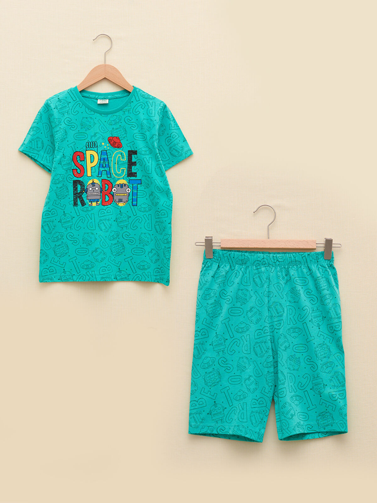 LCW GREEN Bisiklet Yaka Baskılı Kısa Kollu Organik Pamuklu Erkek Çocuk Pijama Takımı