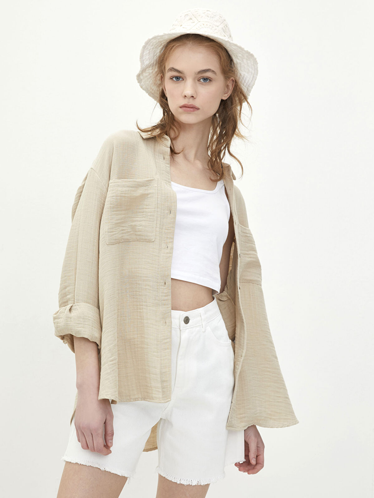 LCW CASUAL Önden Düğme Kapamalı Düz Uzun Kollu Dobby Kumaş Kadın Gömlek