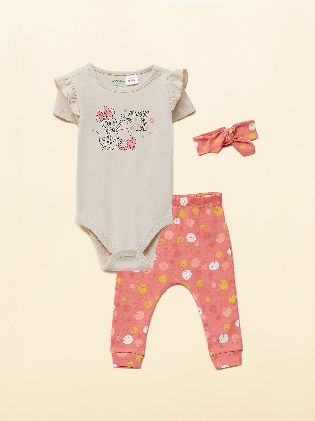 LCW GREEN Bisiklet Yaka Kısa Kollu Minnie Mouse Baskılı Organik Pamuklu Kız Bebek 3'lü Takım