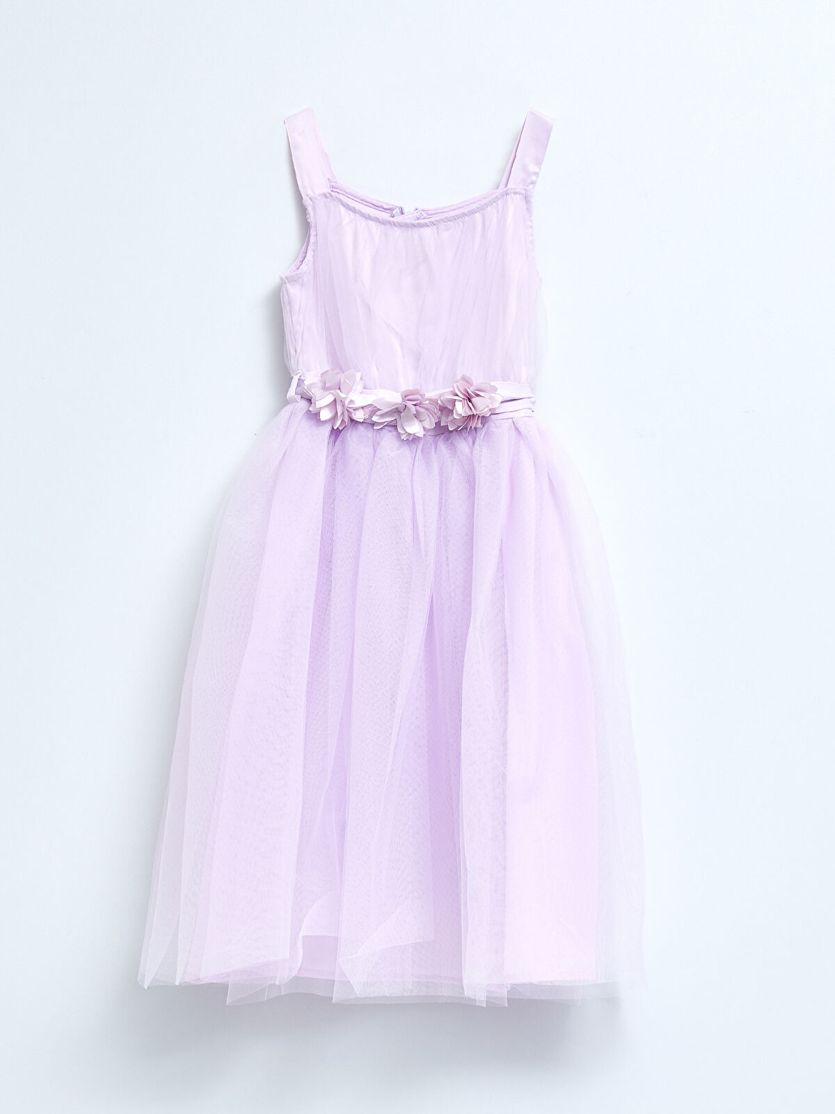 Kare Yaka Çiçek Aplikeli Kız Çocuk Tüllü Elbise