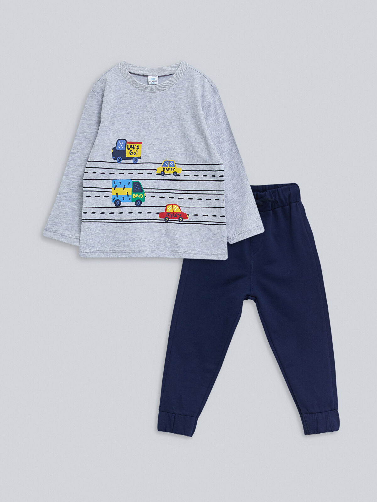 Bi Baby Bisiklet Yaka Uzun Kollu Baskılı Erkek Bebek Tişört ve Pantolon 2'li Takım