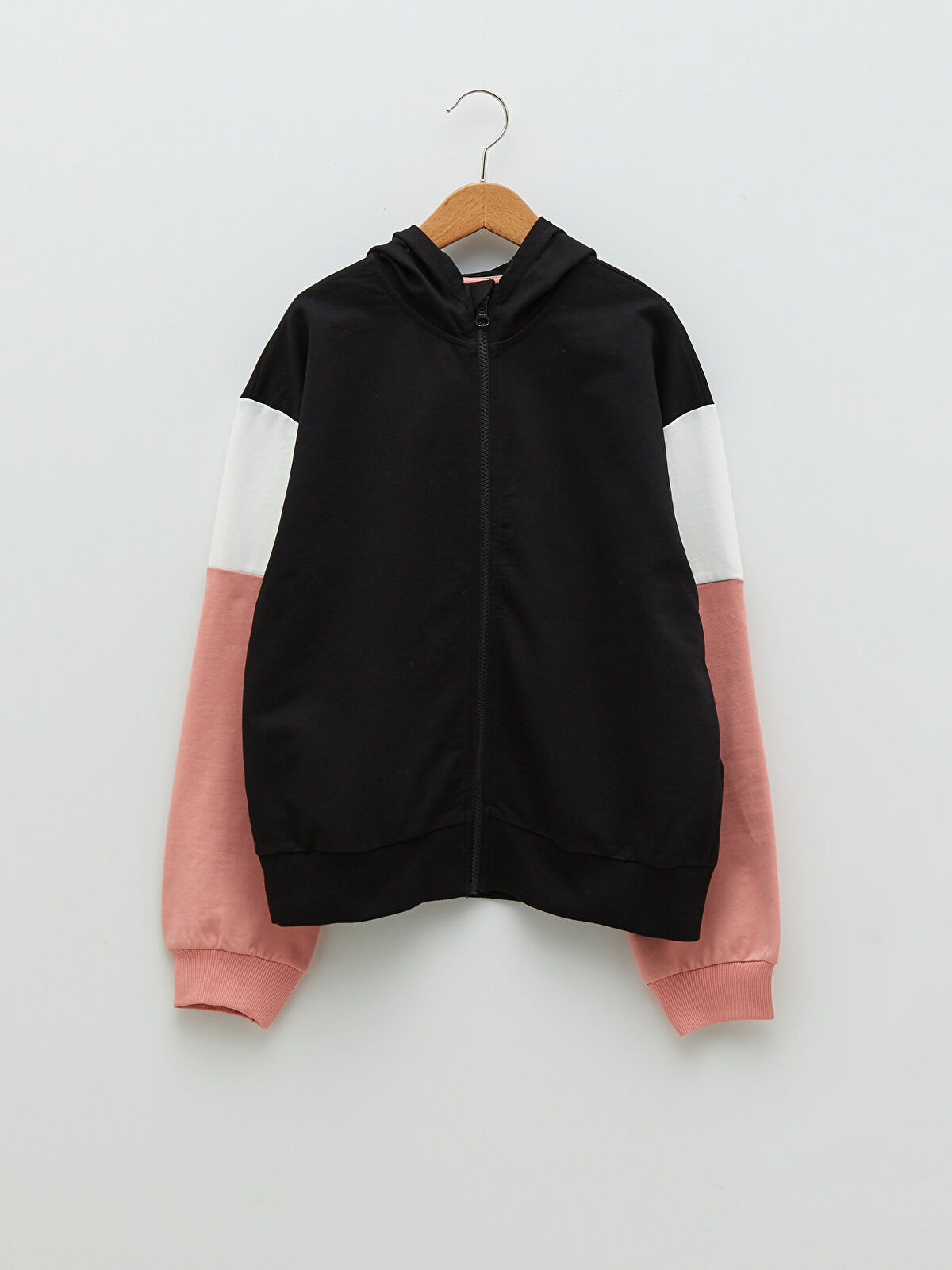 Kapüşonlu Renk Bloklu Uzun Kollu Kız Çocuk Fermuarlı Sweatshirt