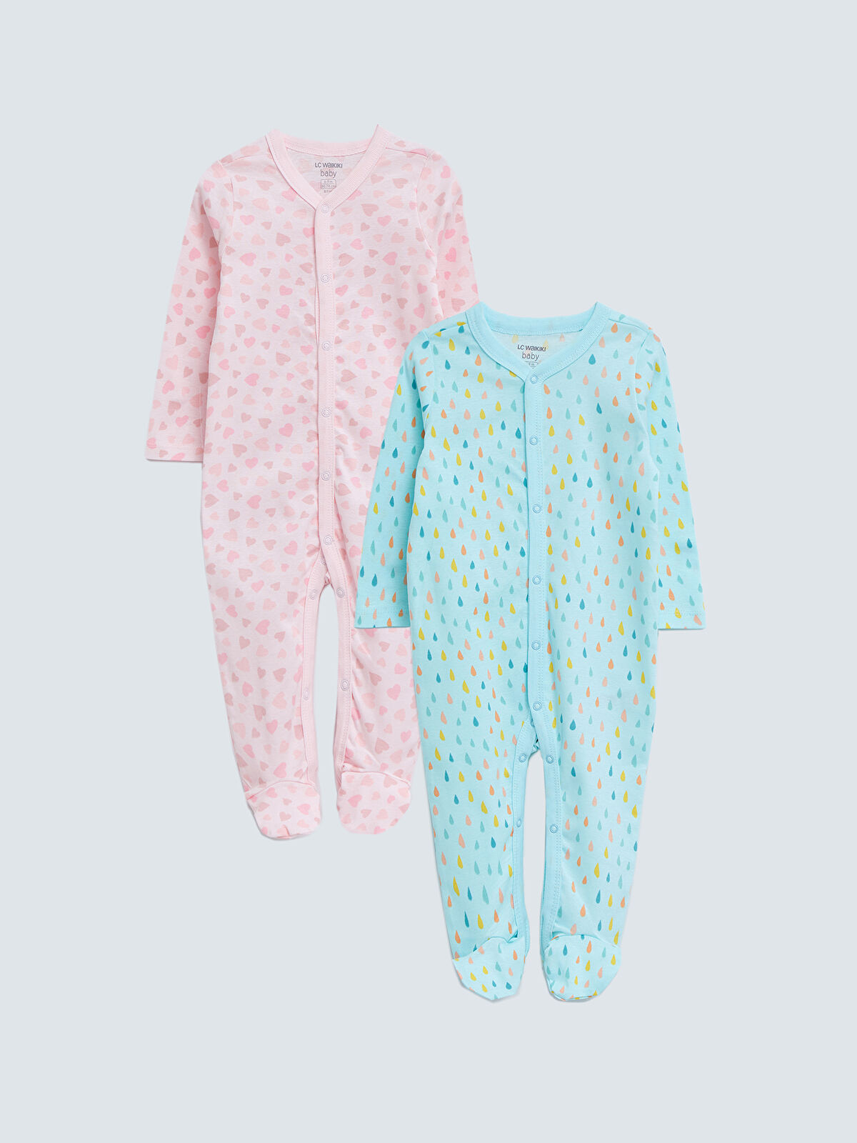 V Yaka Uzun Kollu Baskılı Pamuklu Kız Bebek Tulum 2'li