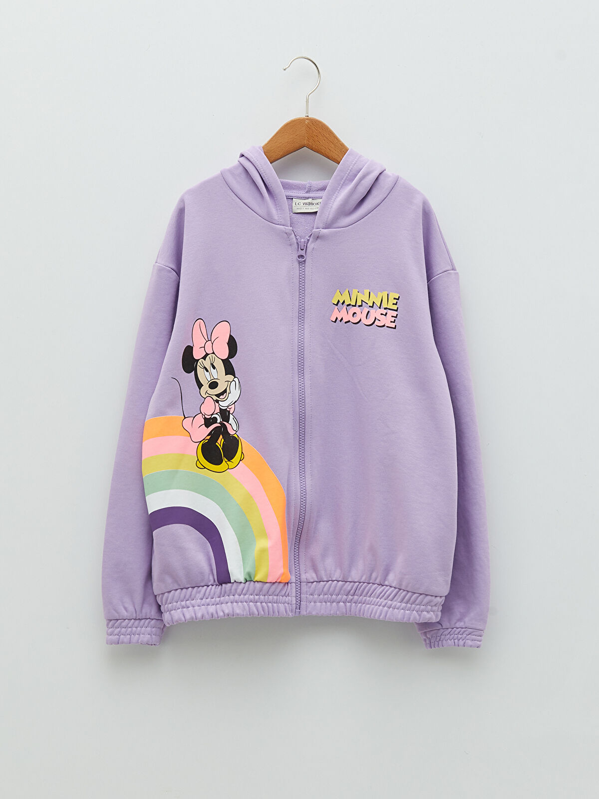Kapüşonlu Minnie Mouse Baskılı Uzun Kollu Kız Çocuk Fermuarlı Sweatshirt