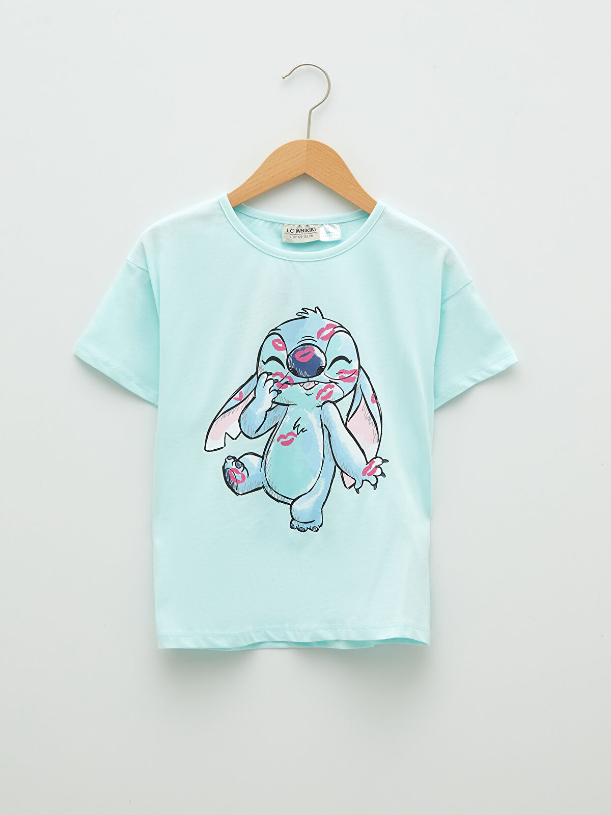 Bisiklet Yaka Lilo ve Stitch Baskılı Kısa Kollu Pamuklu Kız Çocuk Tişört