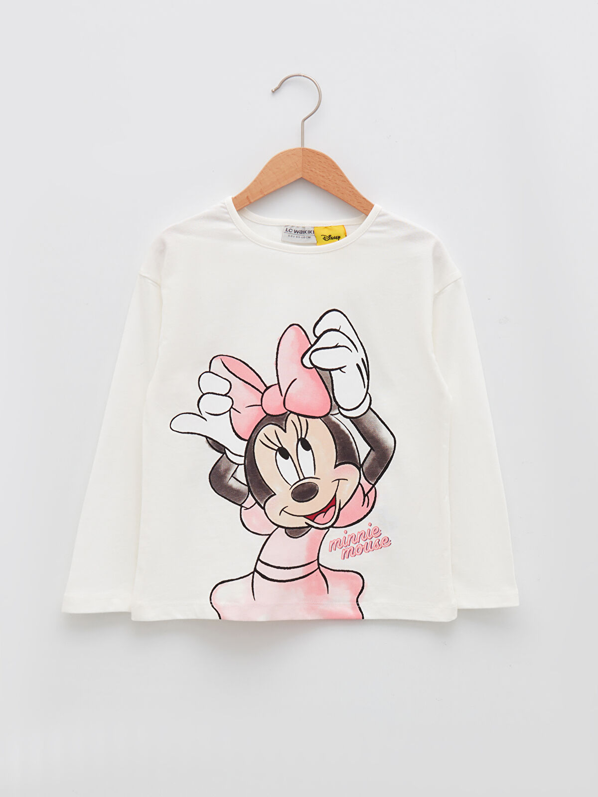 Bisiklet Yaka Minnie Mouse Baskılı Uzun Kollu Pamuklu Kız Çocuk Tişört