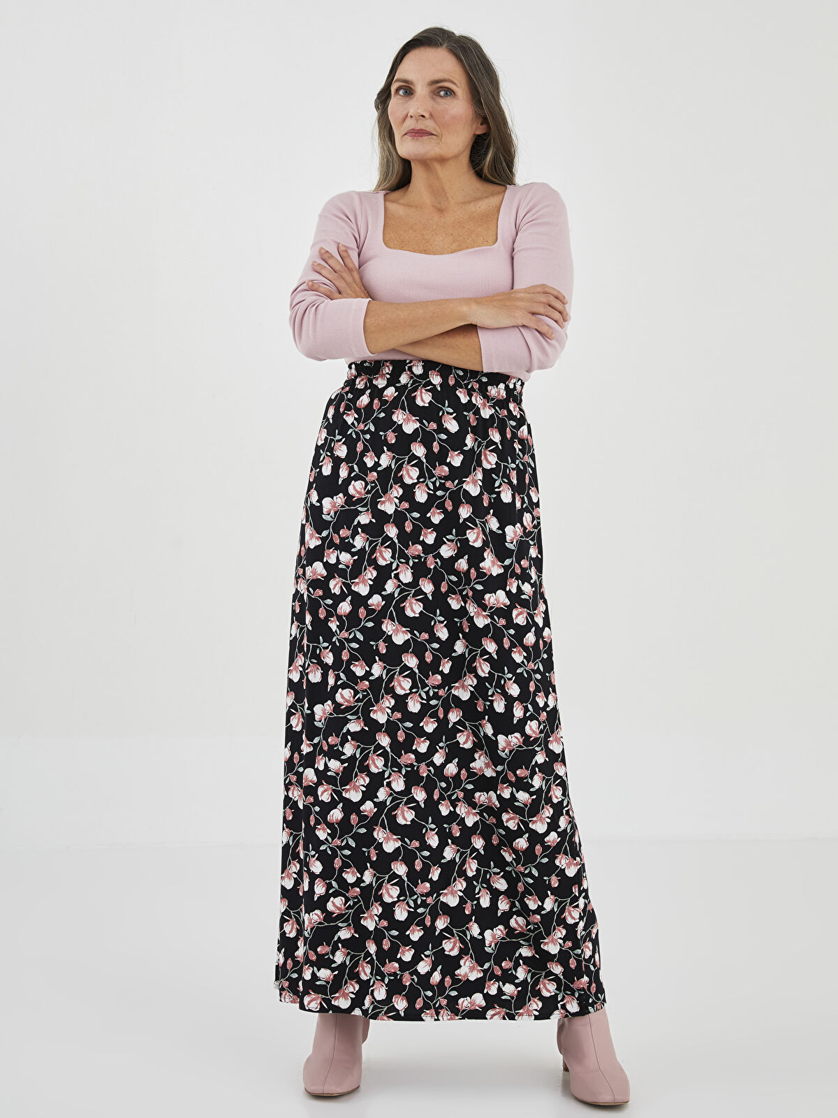 LCW GRACE Beli Lastikli Desenli A Kesim Viskon Kadın Etek