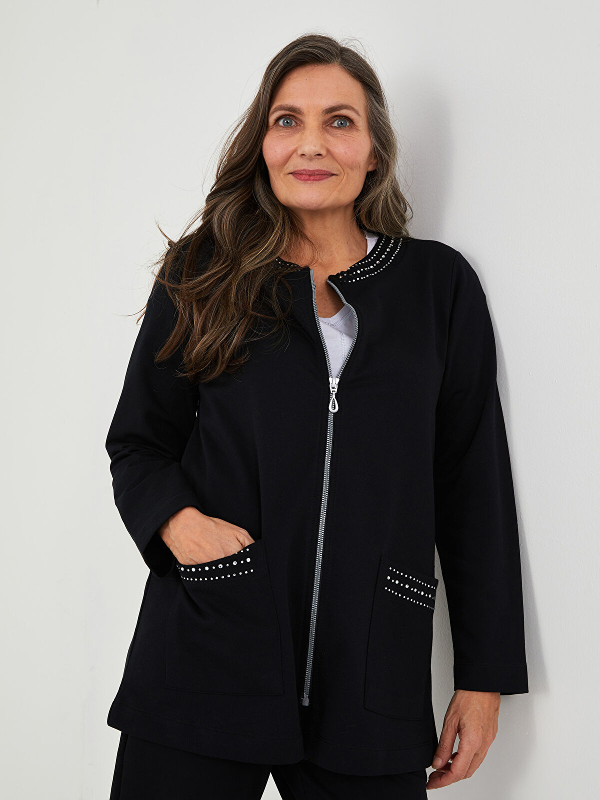 LCW GRACE Bisiklet Yaka Parlak Taş Baskılı Uzun Kollu Kadın Hırka