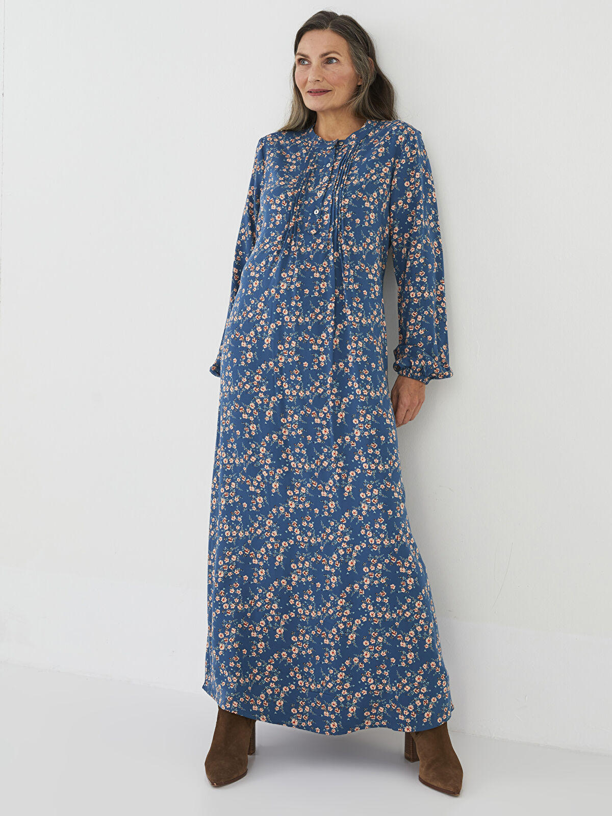 LCW GRACE Bisiklet Yaka Desenli Uzun Kollu A Kesim Belmando Kumaş Kadın Elbise