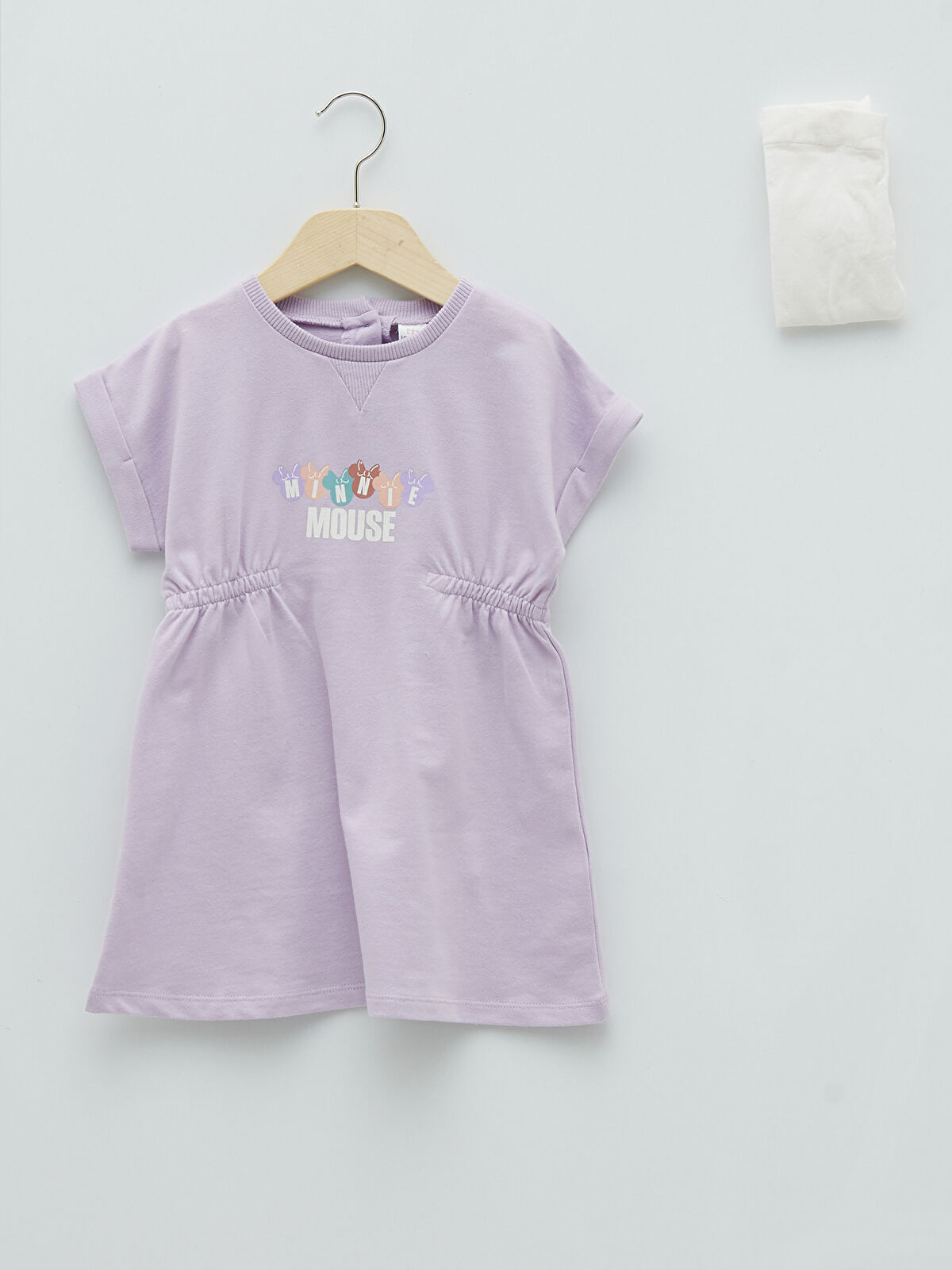 Bisiklet Yaka Minnie Mouse Baskılı Kısa Kollu Kız Bebek Elbise ve Diz Altı Çorap 2'li Takım